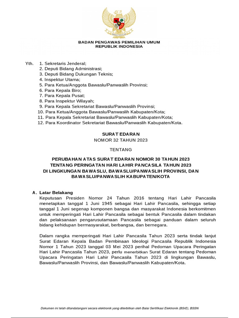 Se Ketua Nomor 32 Tahun 2023 Surat Edaran Perubahan Atas Surat Edaran Nomor 30 Tahun 2023 ...