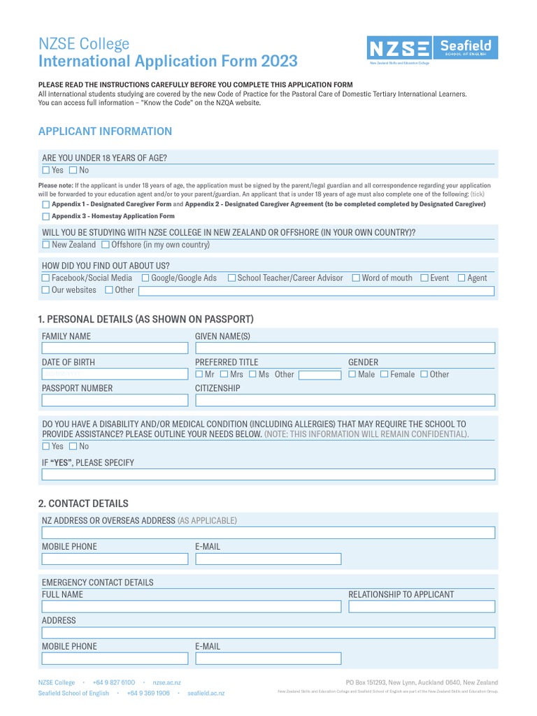 NZSE College International Application Form | PDF | Identity Document | Fee