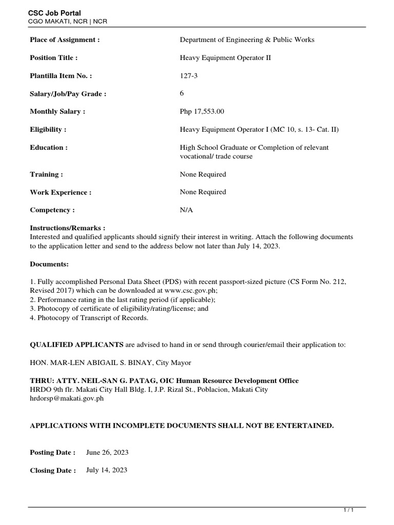 CGO MAKATI NCR-Heavy Equipment Operator II | PDF