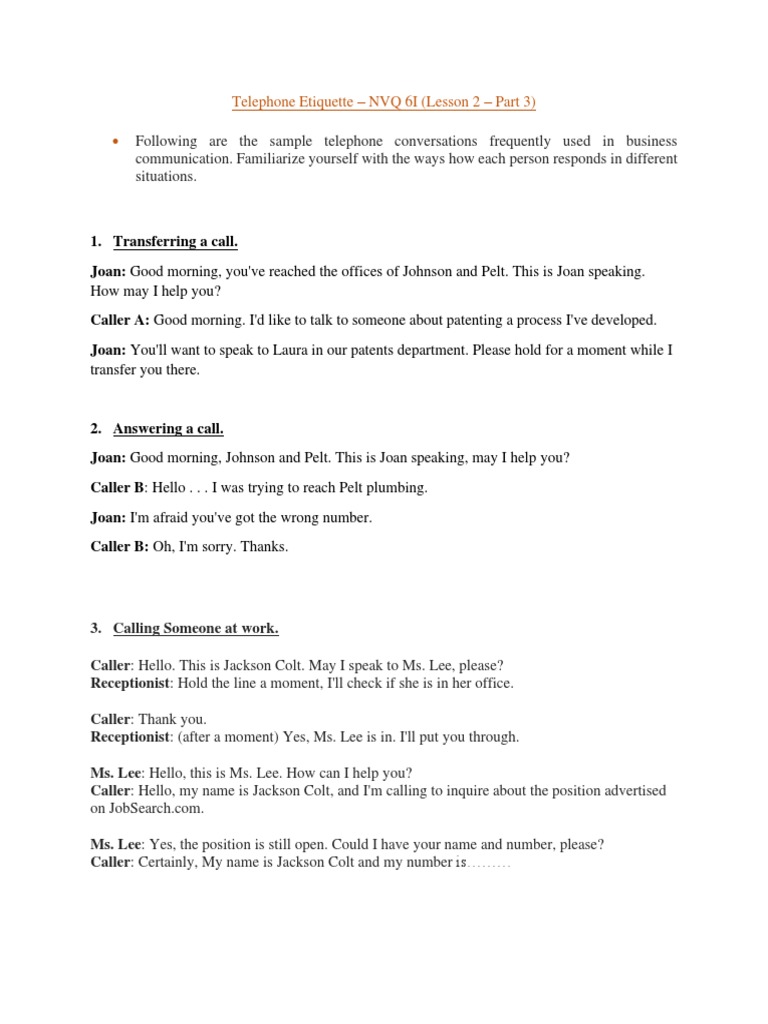 Business Telephone Conversation Examples | PDF | Communication