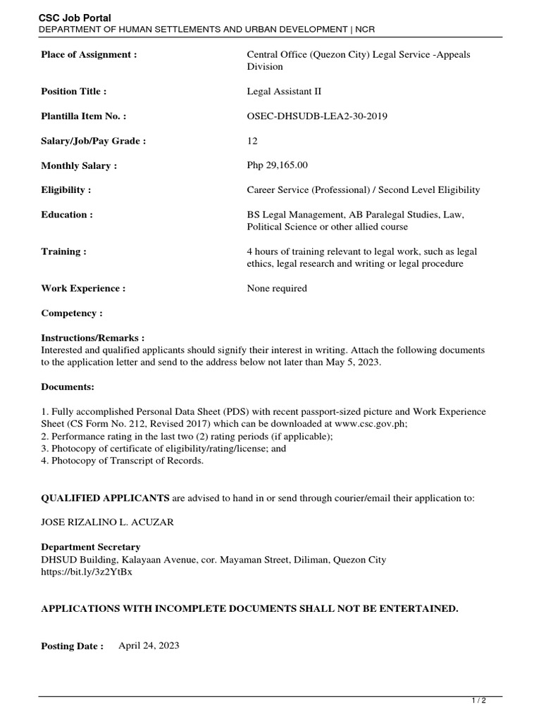 DEPARTMENT OF HUMAN SETTLEMENTS AND URBAN DEVELOPMENT-Legal Assistant II | PDF