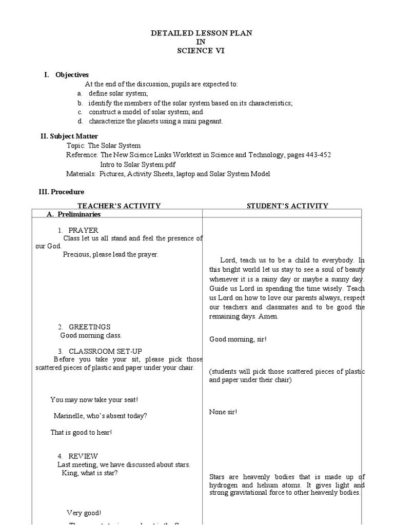 English Detailed Lesson Plan | PDF | Planets | Solar System