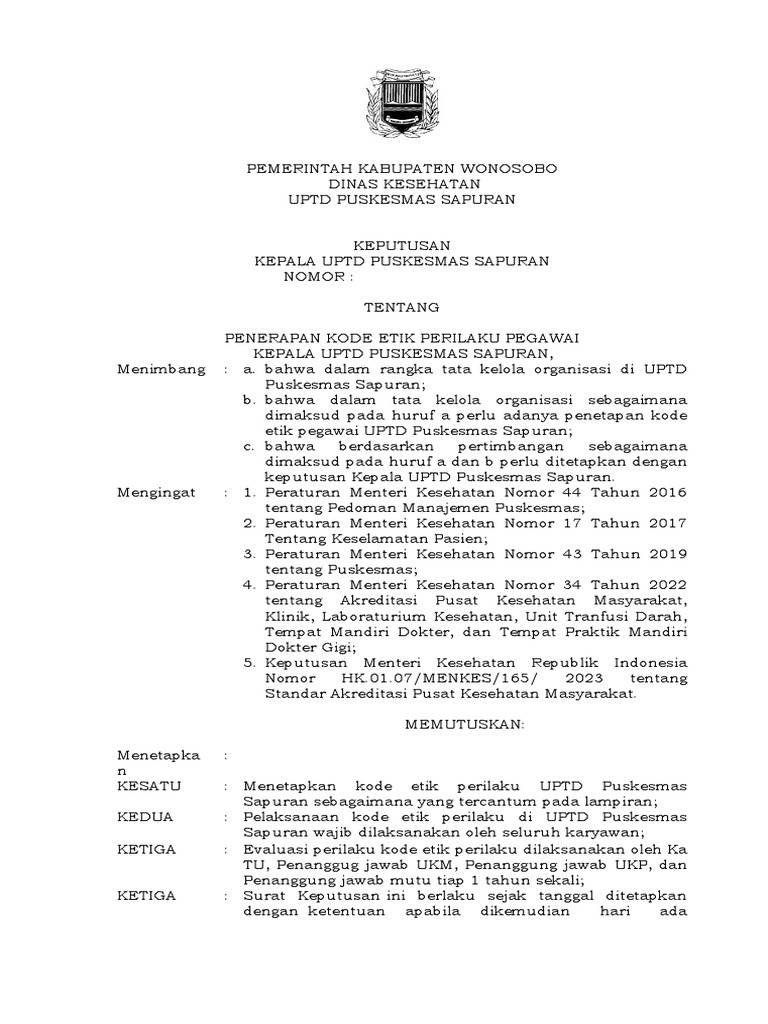 SK TTG Penerapan Kode Etik Perilaku Pegawai | PDF