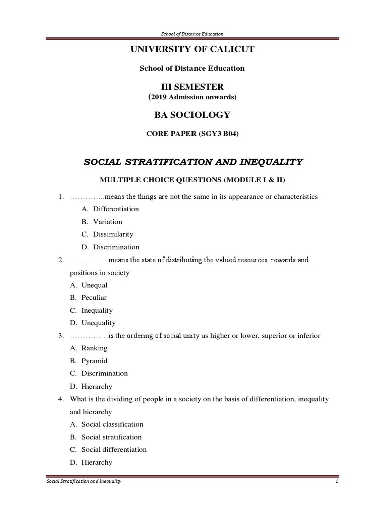 MCQs on Social Stratification and Inequality | PDF | Social ...