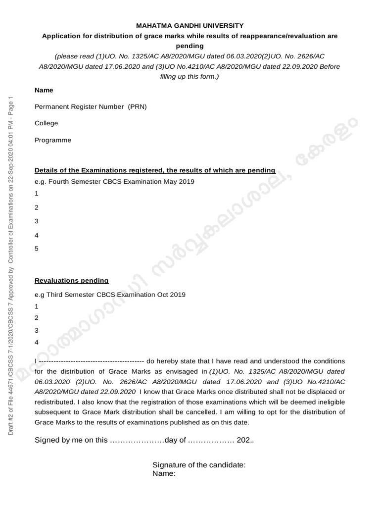 MG University Grace Marks Application Form | PDF
