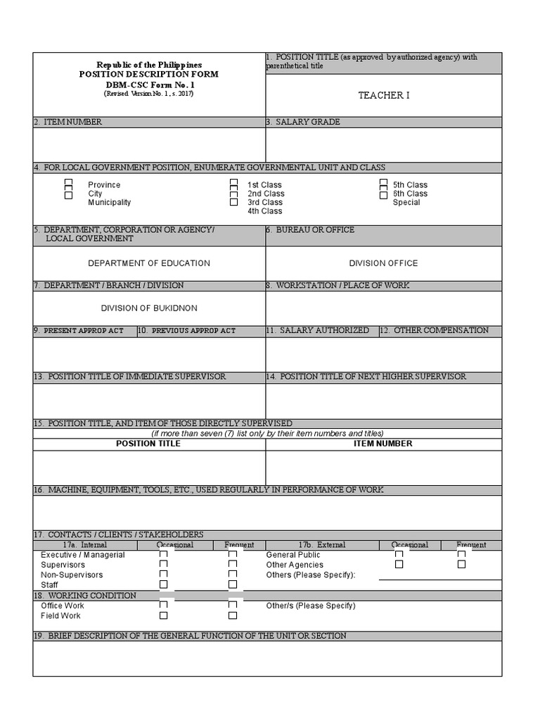 DBM CSC Form No. 1 Position Description Forms TEACHER I | PDF ...