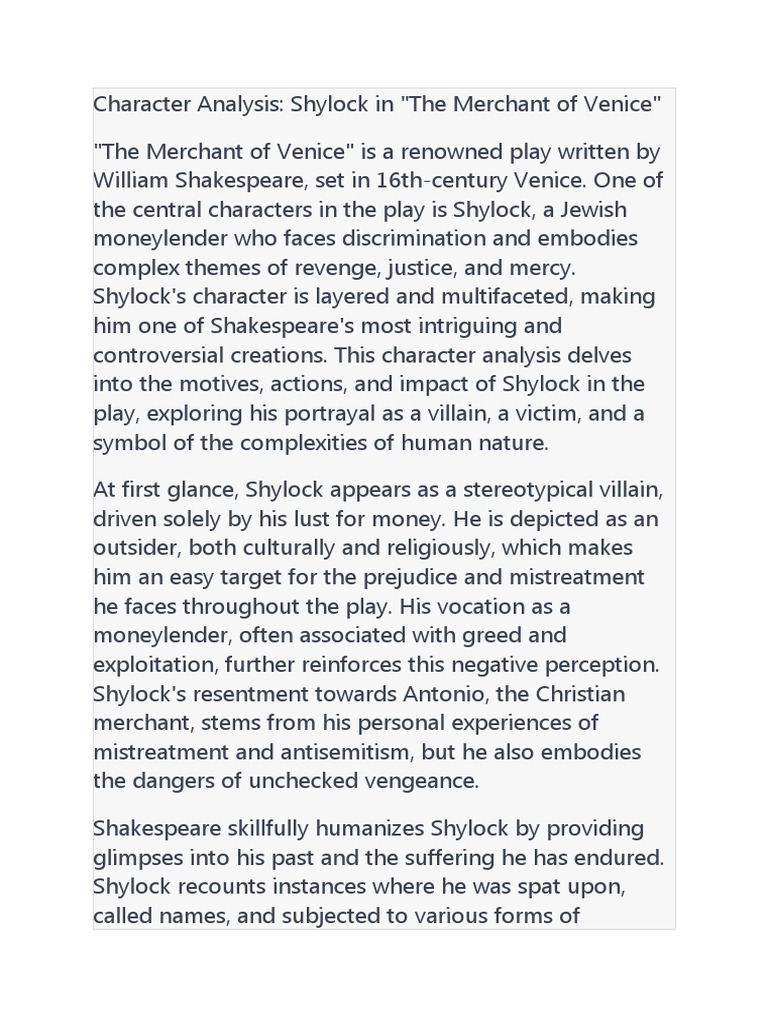 Character Analysis of Shylock | PDF | Shylock | The Merchant Of Venice