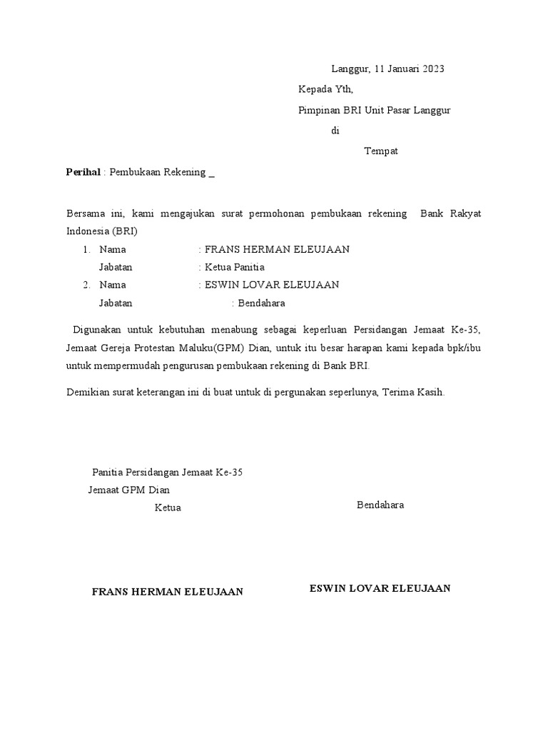 Surat Permohonan Rekening BRI Jemaat GPM | PDF | Pengelolaan Keuangan ...
