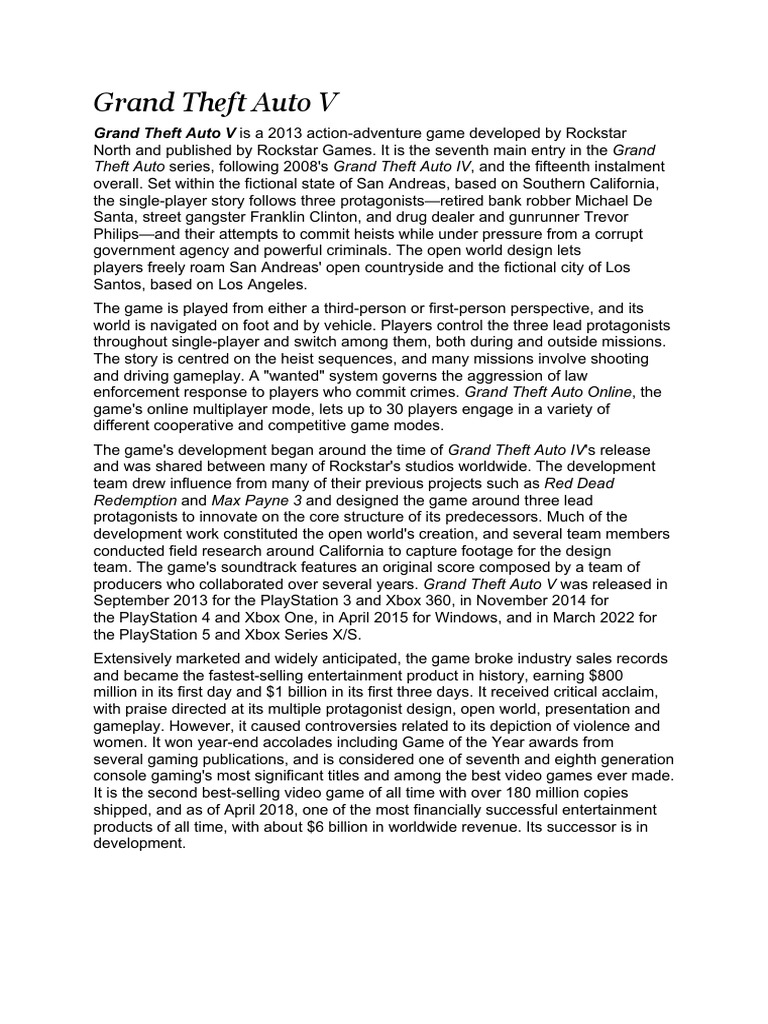 Grand Theft Auto V | Download Free PDF | Video Games | Gaming