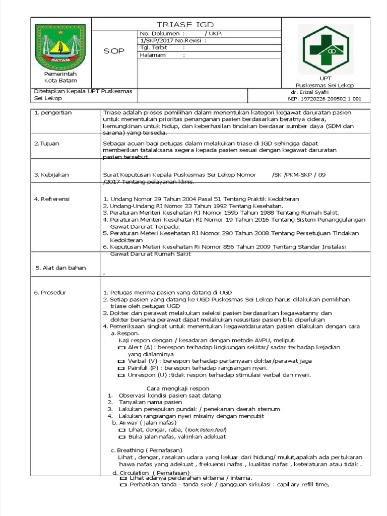 SOP Triase IGD Puskesmas Sei Lekop | PDF