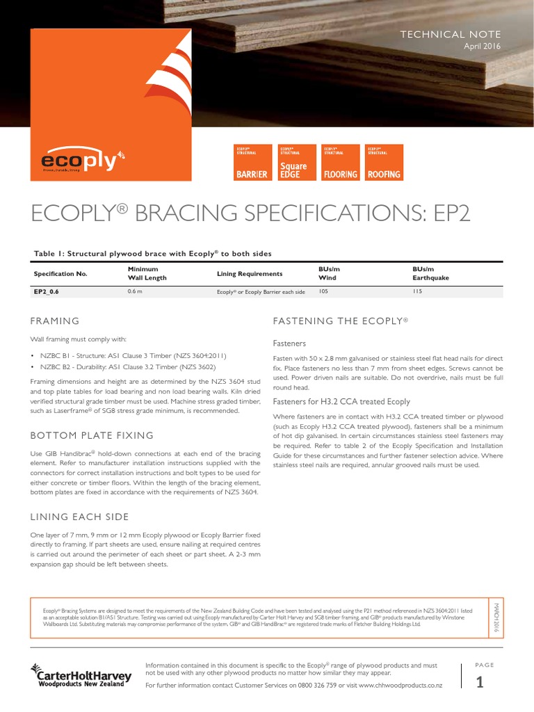 Ecoply Bracing EP2 Specification Tech Note April 2016 | PDF | Framing (Construction) | Lumber