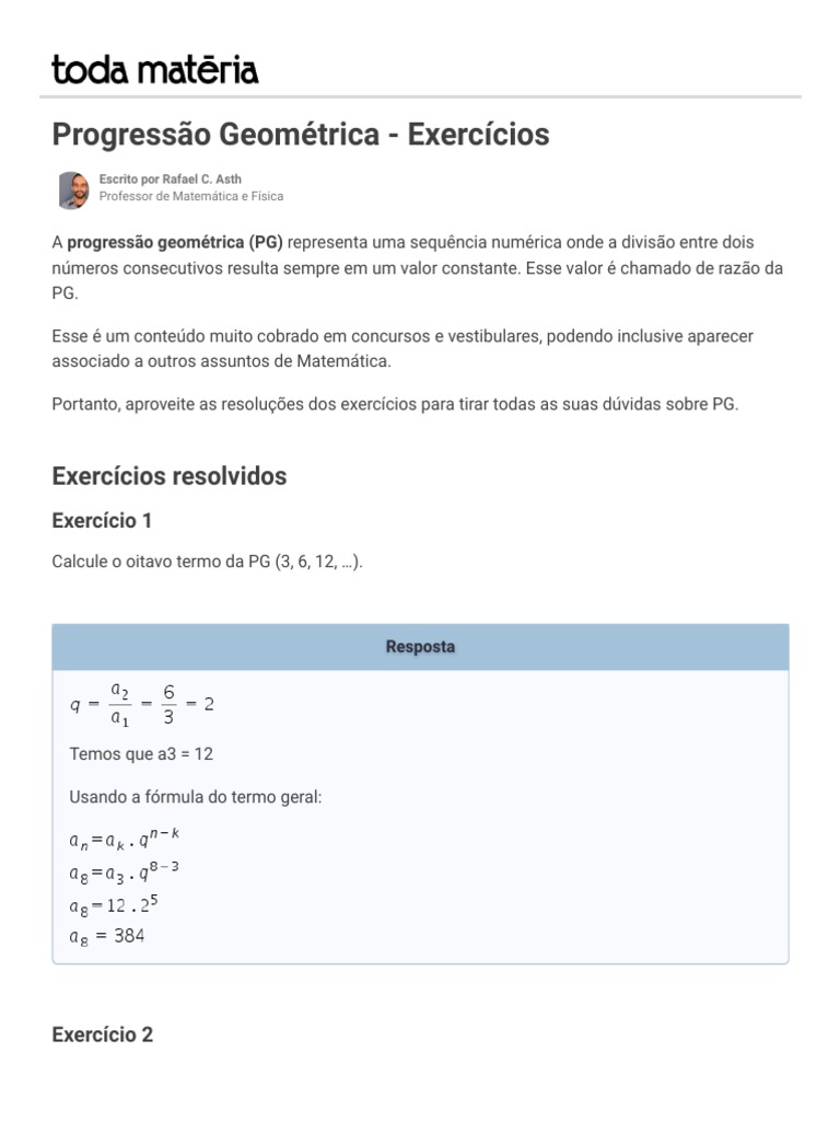 Exercícios de Progressão Geométrica Resolvidos e Comentados - Toda ...