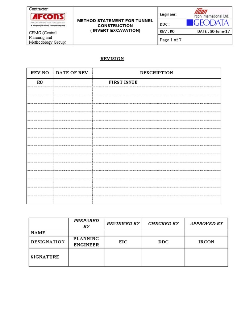 Method Statement For Invert Excavation | PDF | Tunnel | Engineering