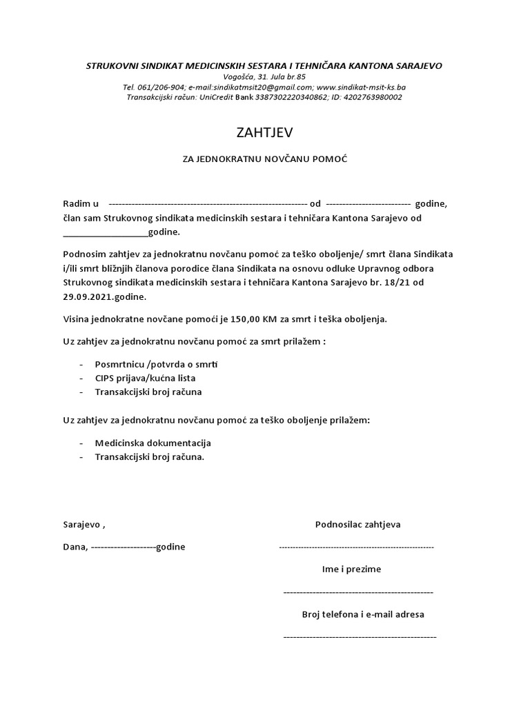 Zahtjev Za Jednokratnu Pomoć | PDF
