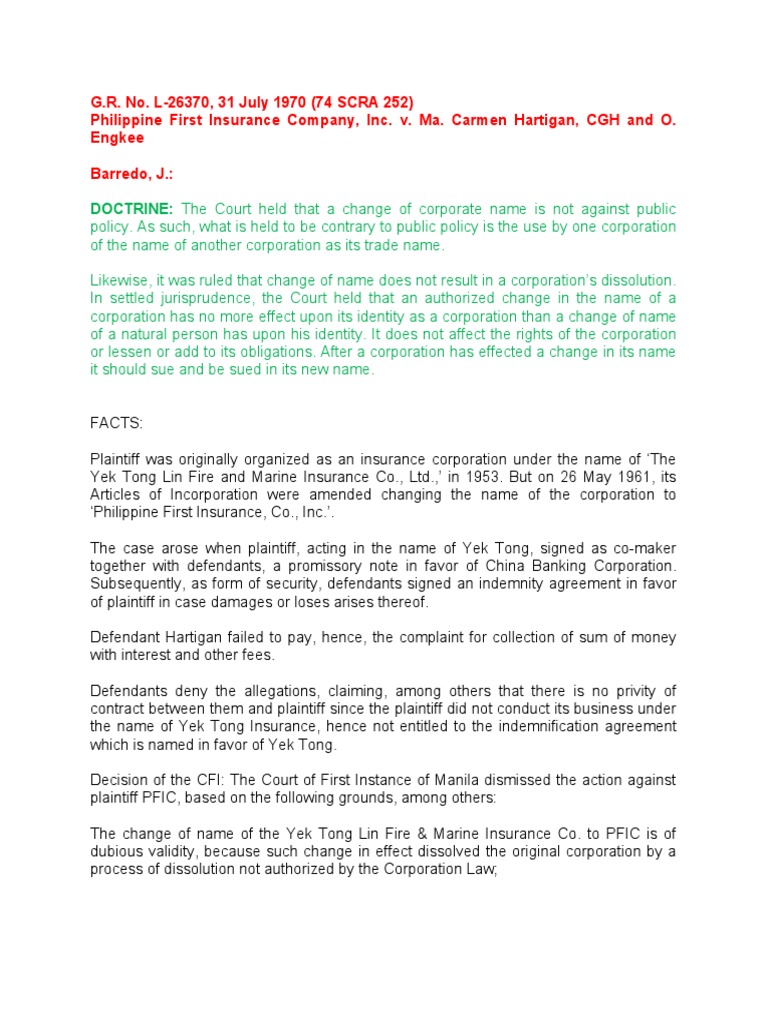 Phil. First Insurance vs. Hartigan | PDF | Lawsuit | Corporations