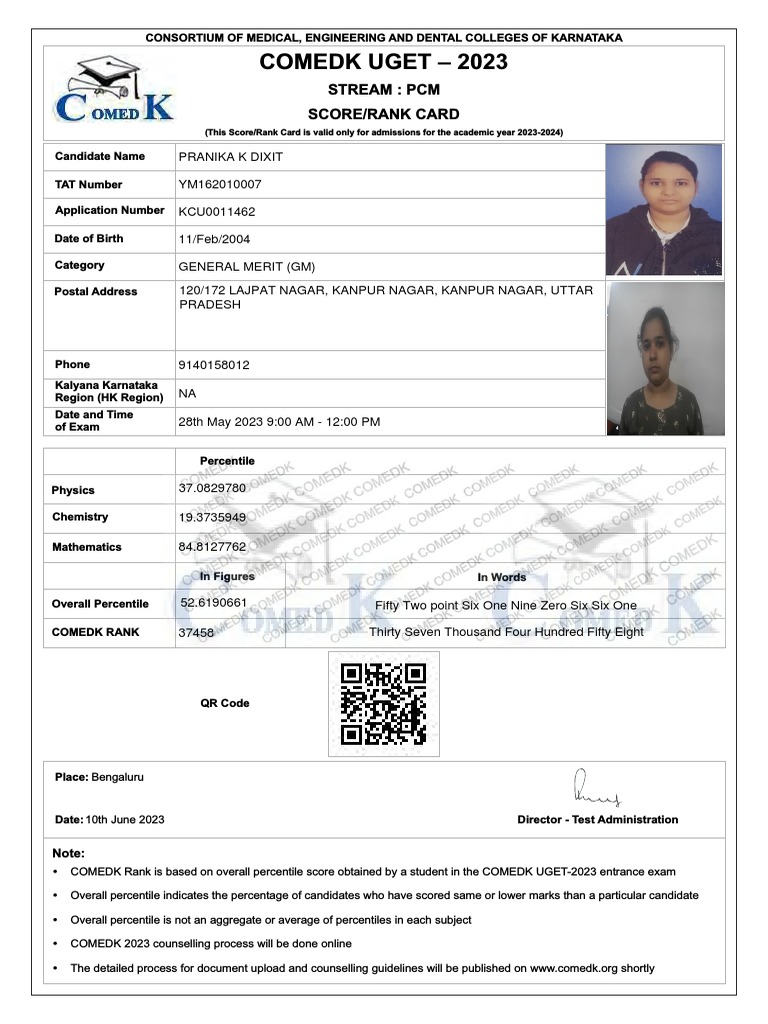Comedk Uget - 2023: Stream: PCM Score/Rank Card | PDF | Qualifications