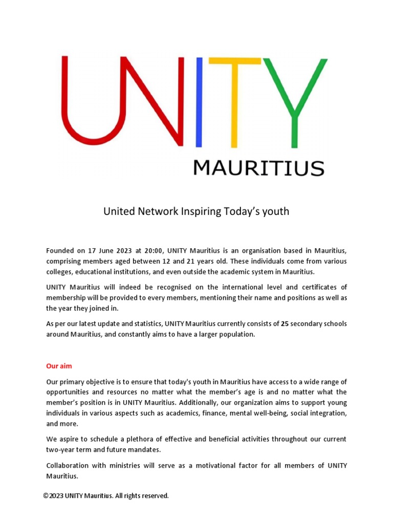UNITY Mauritius: Empowering Youth Leadership | PDF | Presidents Of The ...