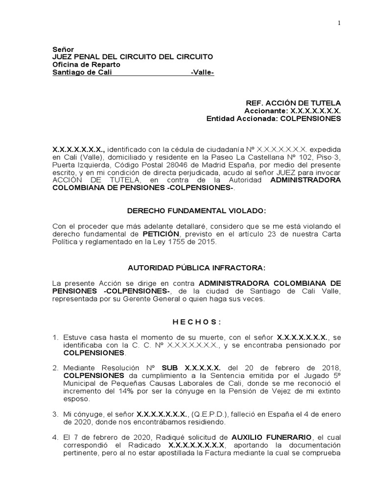 Modelo Accion de Tutela Colpensiones Dº Peticion | PDF | Derecho