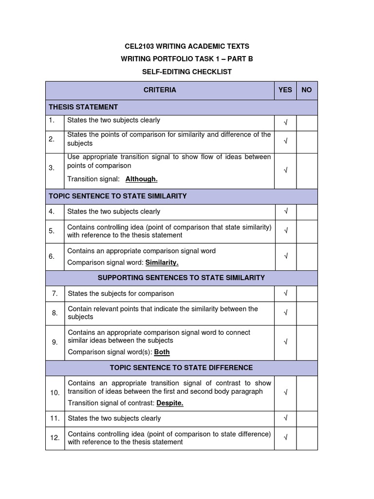 Task 1 Self-Editing Checklist | PDF | Subject (Grammar) | Word