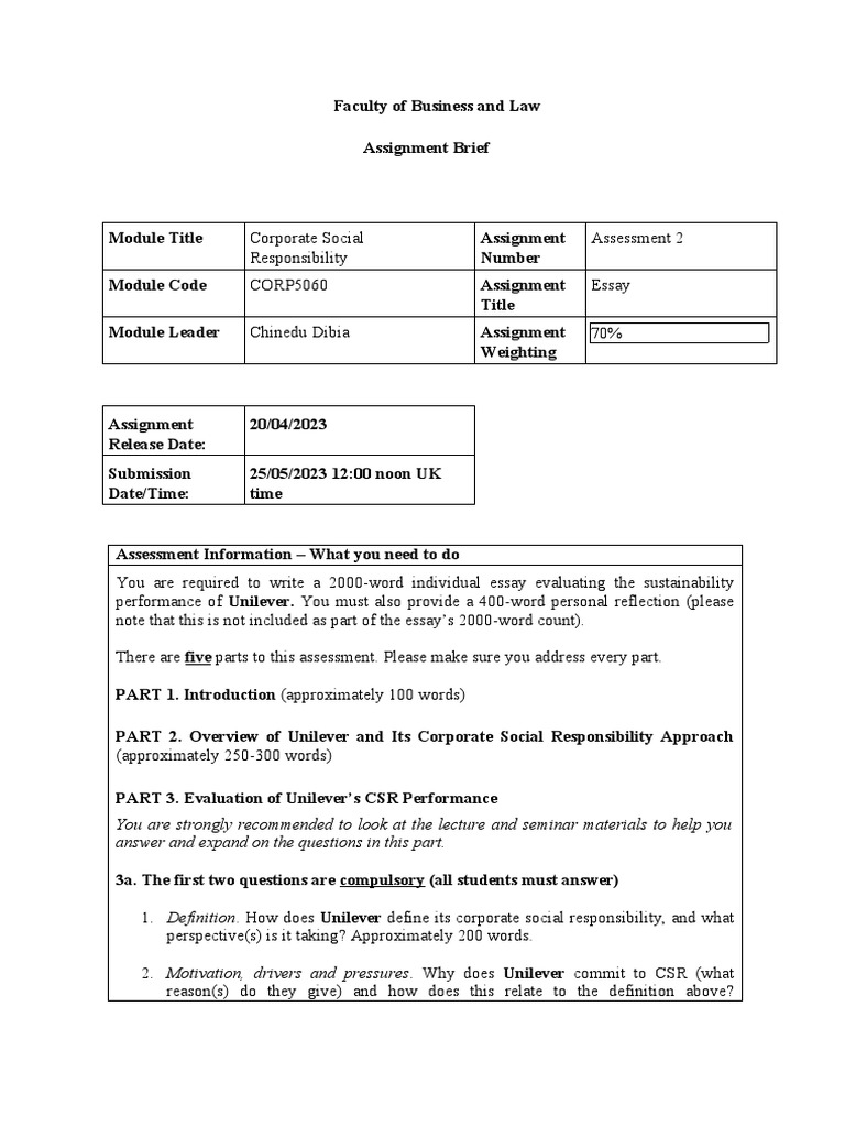 Unilever CSR Performance Evaluation Essay | PDF | Corporate Social Responsibility | Educational ...