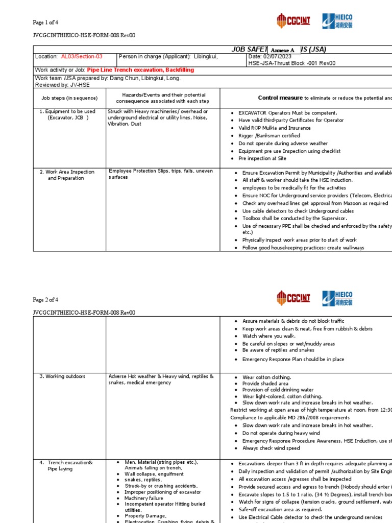 Job Safety Analysis for Trench Excavation | PDF | Personal Protective ...
