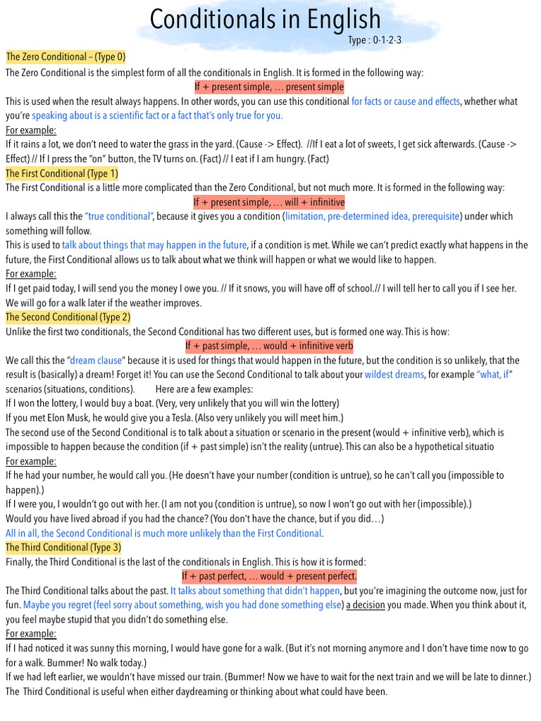 Conditionals in English Type 0 To 3 | PDF | Language Arts & Discipline | Foreign Language Studies