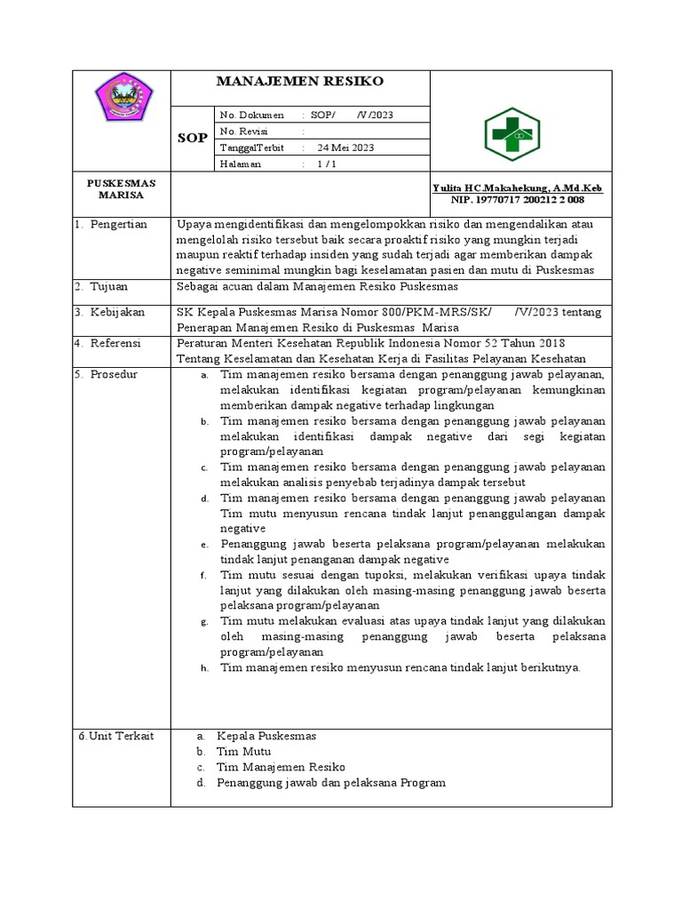 SOP Manajemen Risiko Puskesmas Marisa | PDF | Sains & Matematika