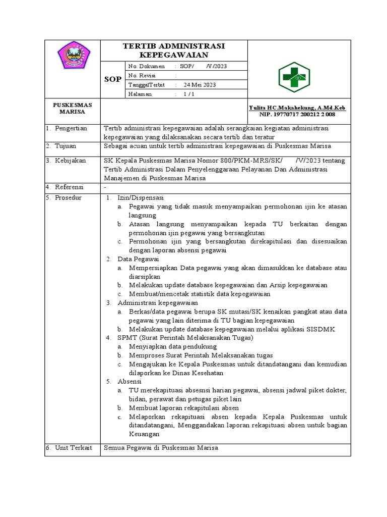 Contoh SOP Kepegawaian Puskesmas | PDF