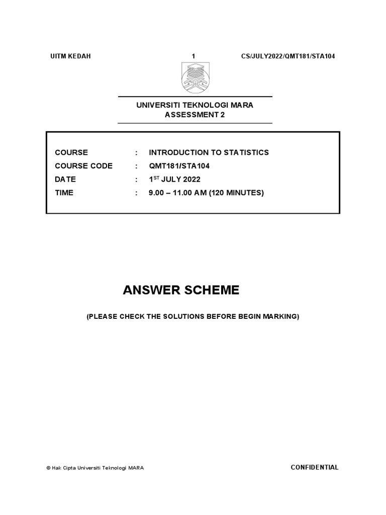 Answer Scheme Assessment 2 - 2 QMT181STA104 July 2022 | PDF ...