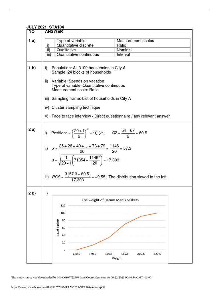 JULY 2021 STA104 Answer PDF | PDF | Sampling (Statistics) | Level Of Measurement