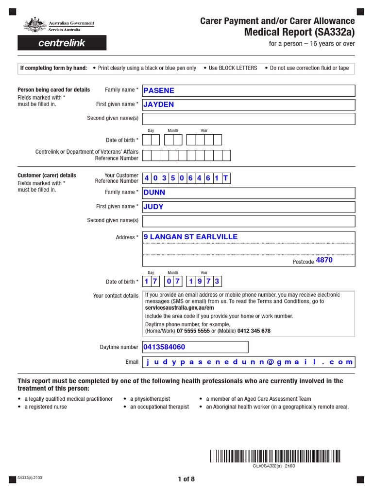 Carer Payment and - or Carer Allowance Medical Report (SA332a) For A ...