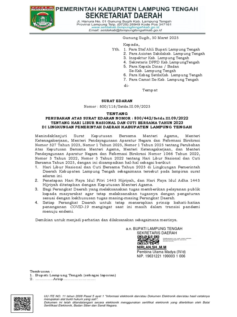 PERUBAHAN ATAS SURAT EDARAN NOMOR - 800 - 442 - Setda - III.09 - 2022 TENTANG HARI LIBUR ...