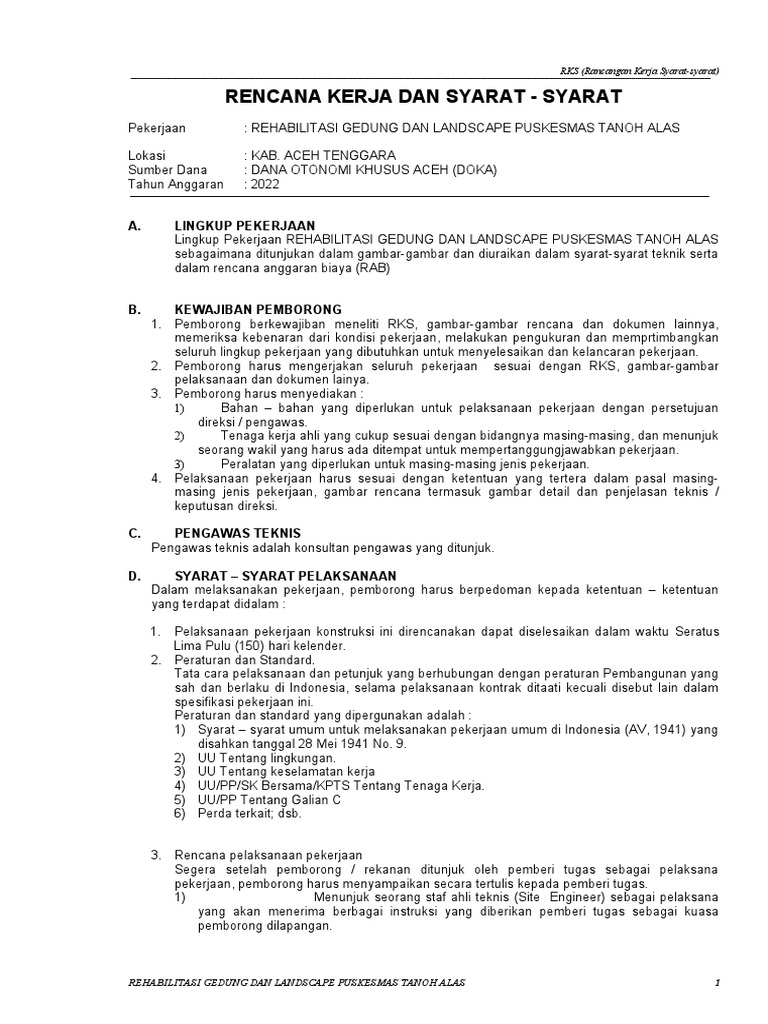 RKS Rehabilitasi Gedung Dan Landscape Puskesmas Tanoh Alas | PDF