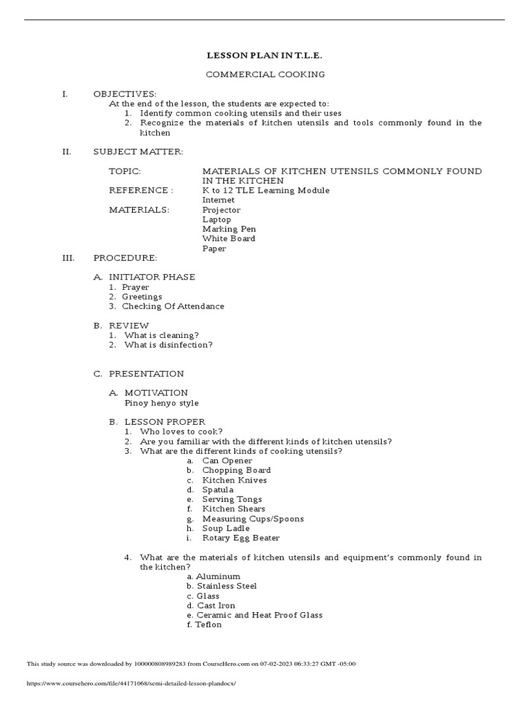 Semi Detailed Lesson Plan | PDF | Kitchen Utensil | Tools