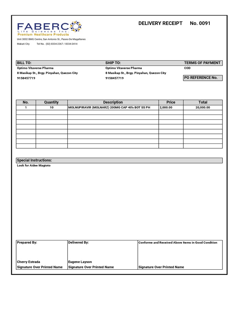 Delivery Receipt for Molnupiravir Order | PDF | Wellness