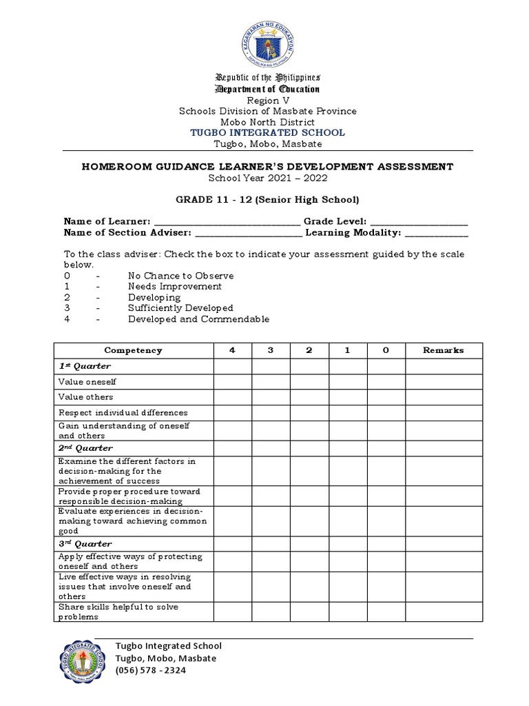 Homeroom Guidance Assessment for Grades 11-12 | PDF | Learning ...