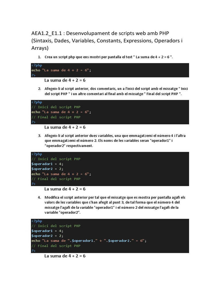 Sintaxis Dades Variables Constants Expressions Operadors I Arrays Pdf