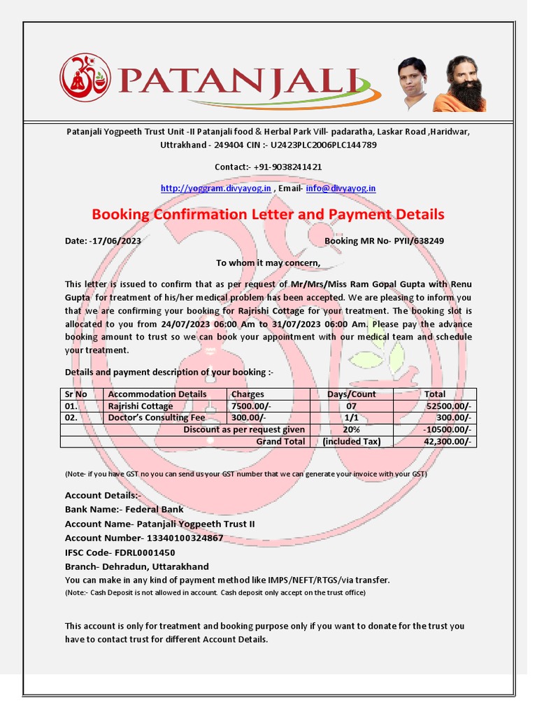 Booking Confirmation Letter and Payment Details-41 | PDF | Service ...