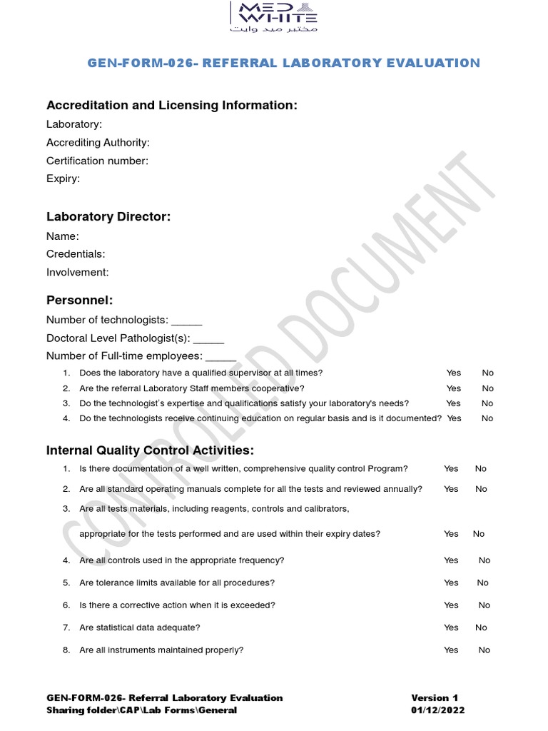 GEN-FORM-026 - Referral Laboratory Evaluation | PDF | Laboratories | Quality Assurance