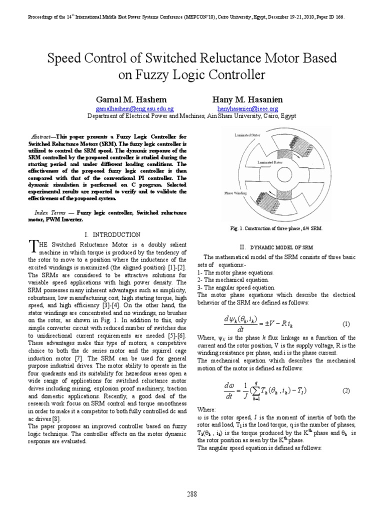 Speed Control of Switched Reluctance Motor Based On Fuzzy Logic Controller | PDF | Electric ...