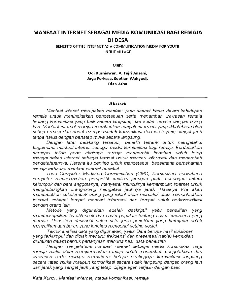 Jurnal Kelompok MANFAAT INTERNET SEBAGAI MEDIA KOMUNIKASI BAGI REMAJA ...