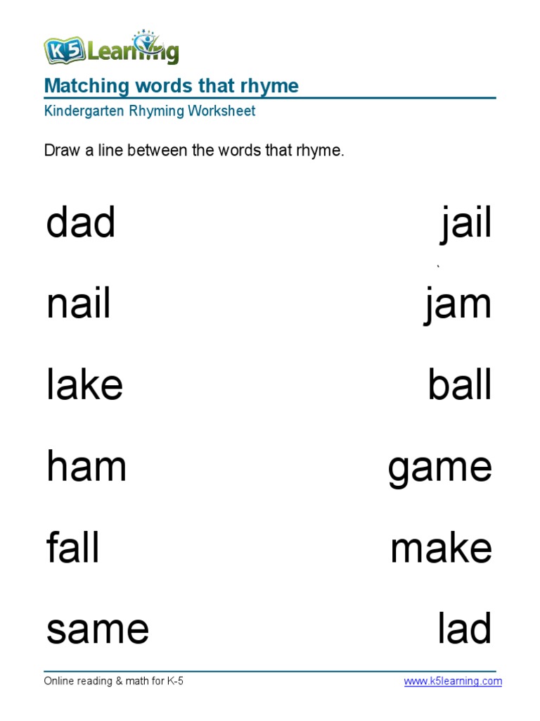 Kindergarten Rhyming Worksheet Match Words 2 | PDF