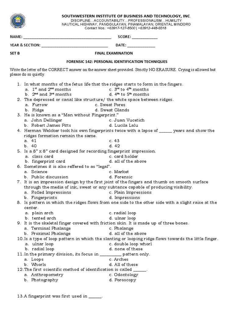FINAL set b Personal Identification | PDF | Fingerprint | Hand