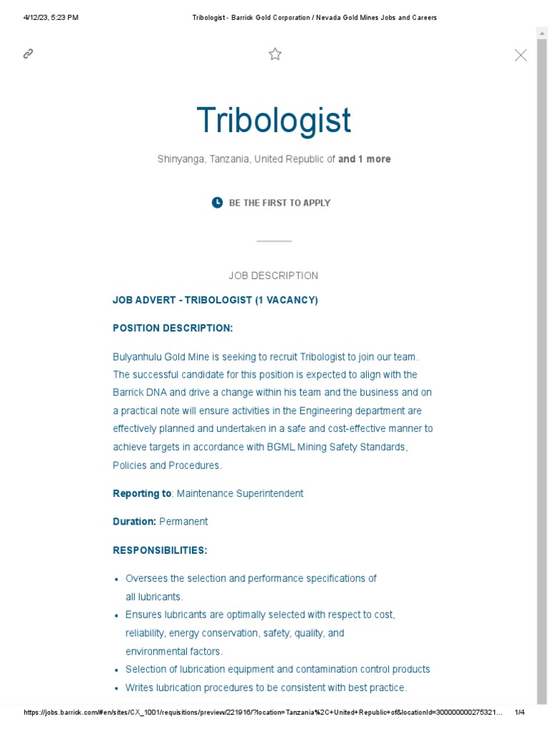 Tribologist - Barrick Gold Corporation - DASM | PDF | Reliability ...