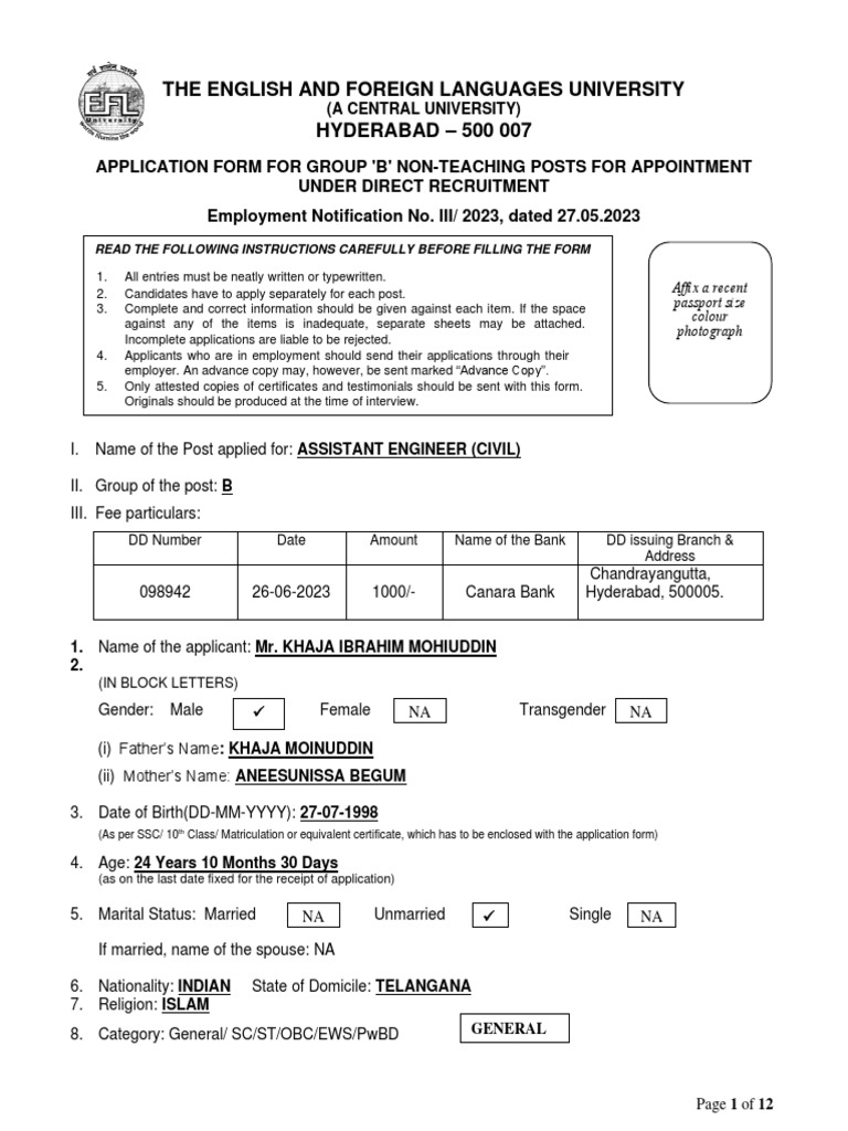 EFLU Group 'B' Non-Teaching Application | PDF | Diploma