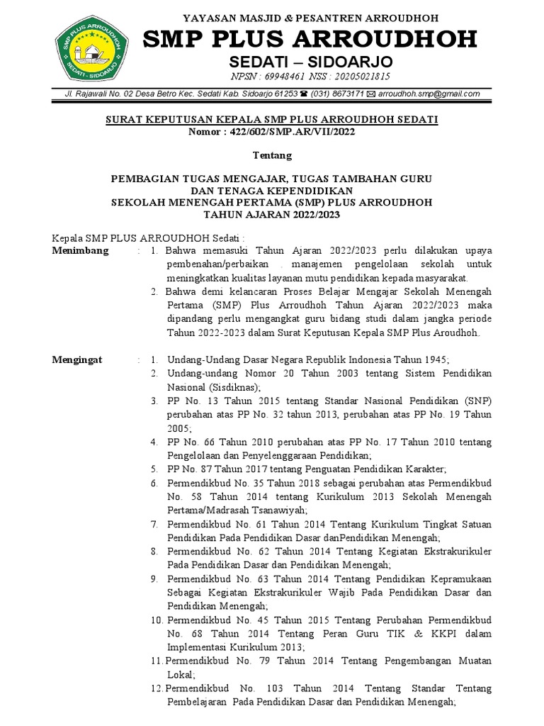 602 SK Pembagian Jam Mengajar Dan Tugas Tambahan 2022-2023 | PDF