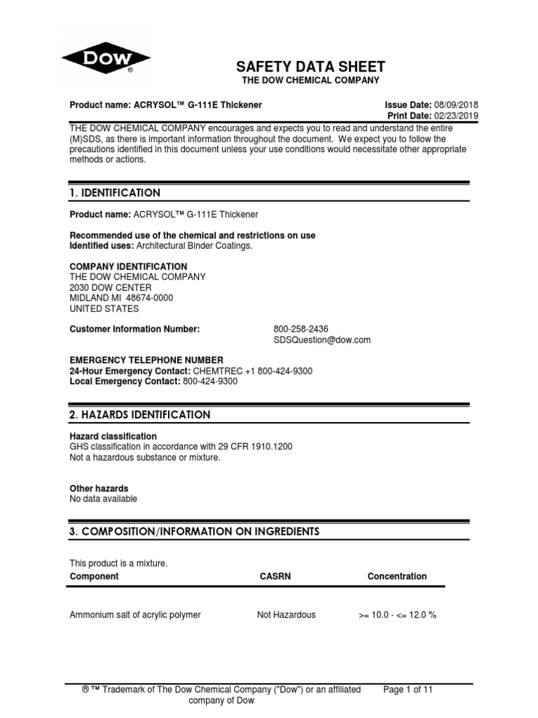 SDS Acrysol G-111E PDF | PDF | Toxicity | Dangerous Goods