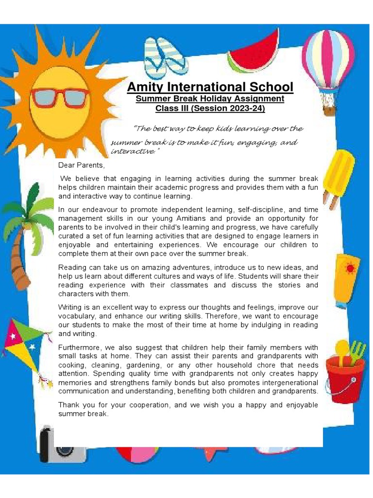 Class 3 - Summer Holiday Homework 2023-24 | PDF | Earth | Learning