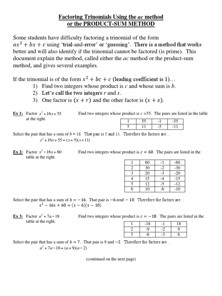 Factoring Trinomials: ac & Product-Sum Methods | PDF | Factorization ...