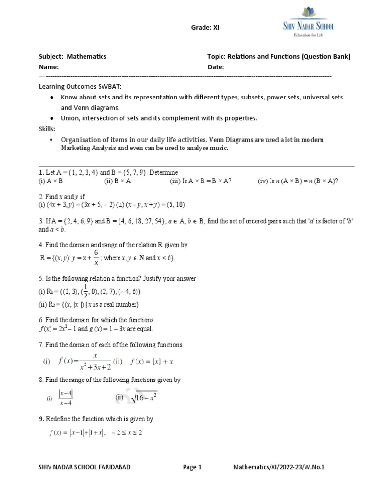 Relations and Functions - 11 - Ws - 1 - Question Bank - 22-23 | PDF | Function (Mathematics ...